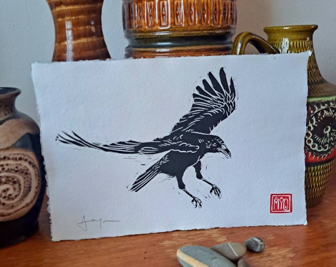 Raven - Hand Printed Original Linocut A4 (8.3 X 11.7 Inches) for Lovers ...