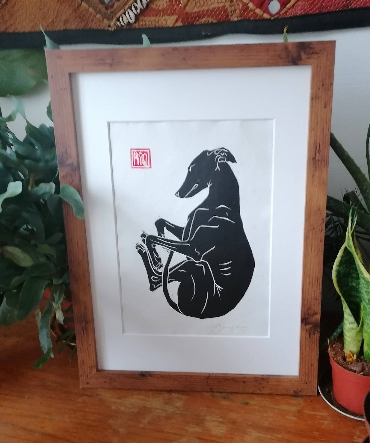 Dreaming long dog hand-printed linocut. | Etsy