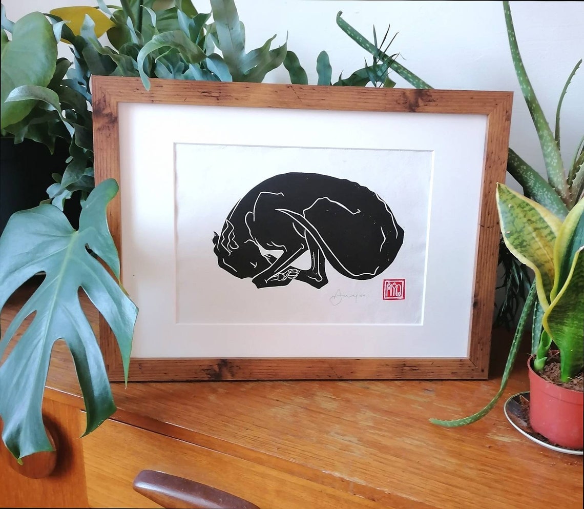 Gorgeous, Curled Up, Sleepy Whippet. Hand Printed Linocut. (A4 Size) - Etsy