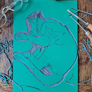Snoozing Black Cat. Gorgeous Hand Printed Linocut of a Cat Dozing on a ...
