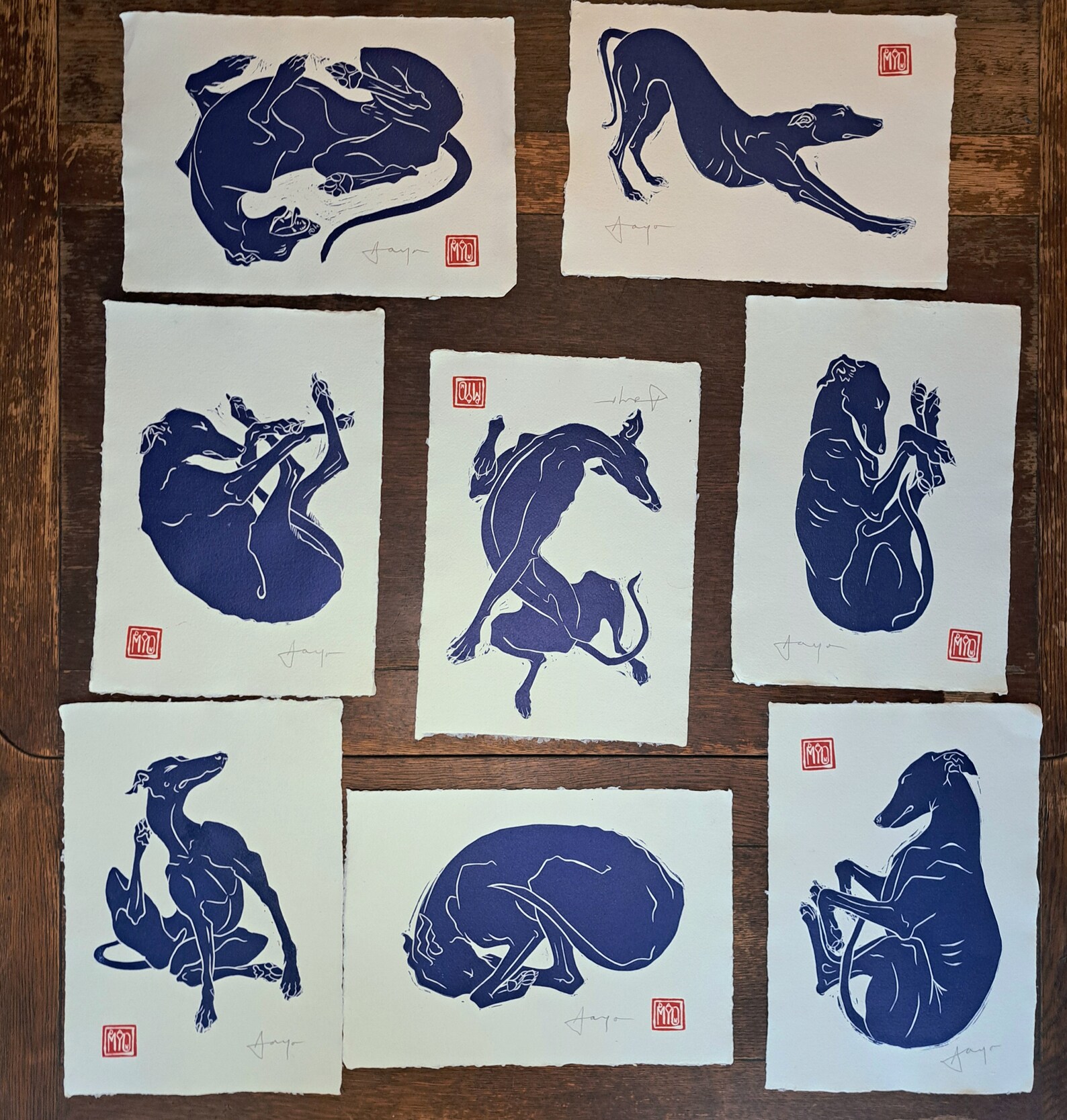Ooo Biiiig Stretch! Blue Edition Hand-printed Linocut of Longdog ...