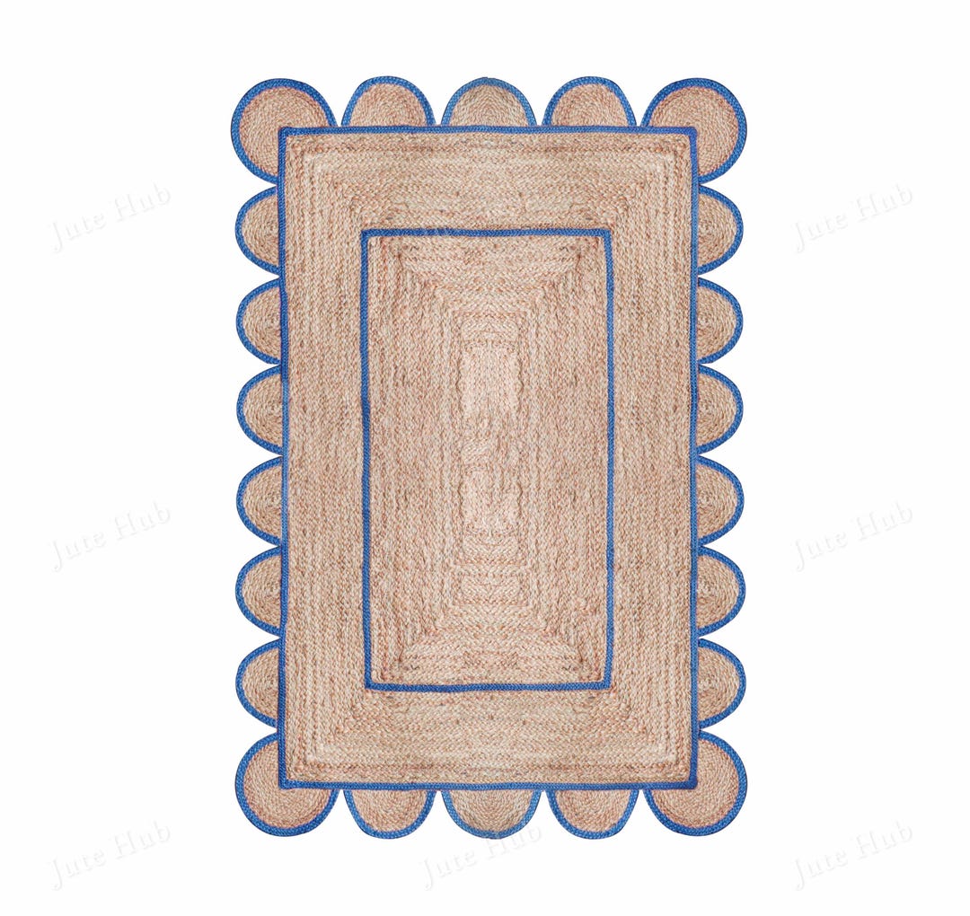 Handmade Scalloped Jute Rug: 4x6 Natural & Blue Scandi Border Jute Rug ...