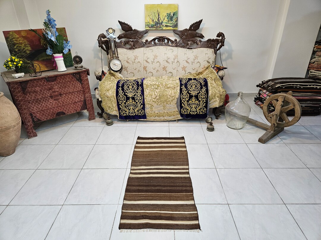 Brown Vintage Rug 2 X 4.2 Ft Wool Kitchen Rug Small White Turkish Rug ...