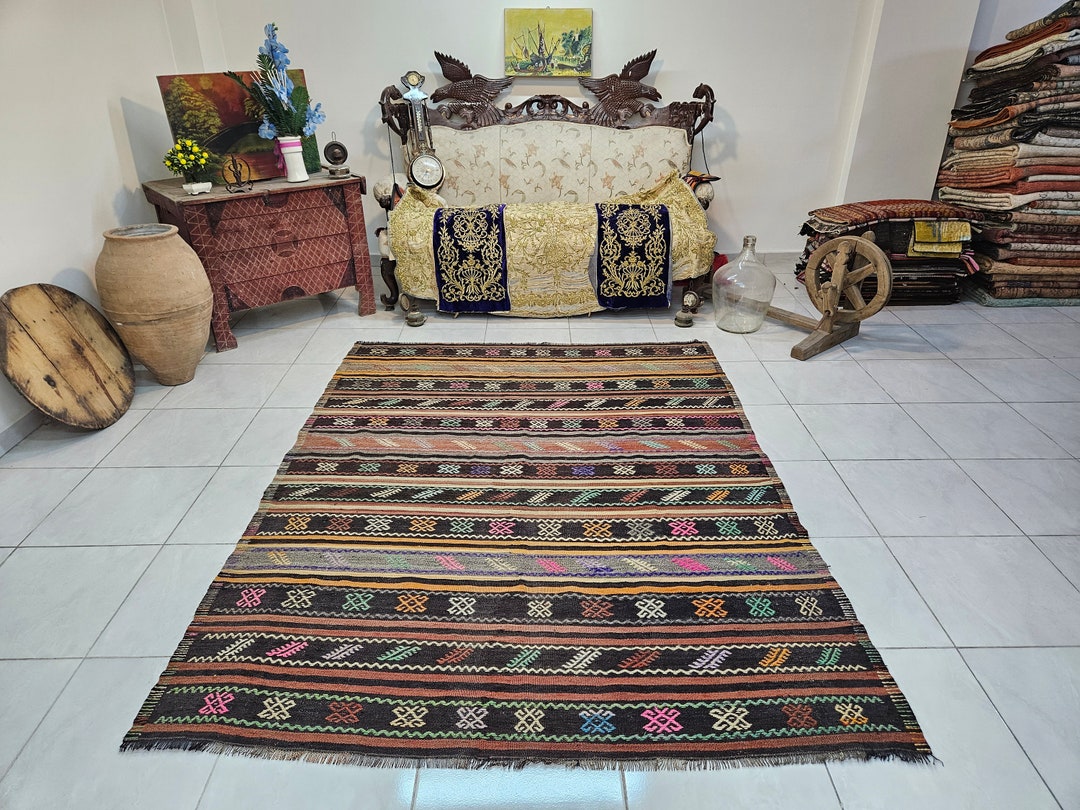Striped Black Kilim Rug 5.9 X 7.9 Ft Colorful Old Kilim Rug Turkish ...