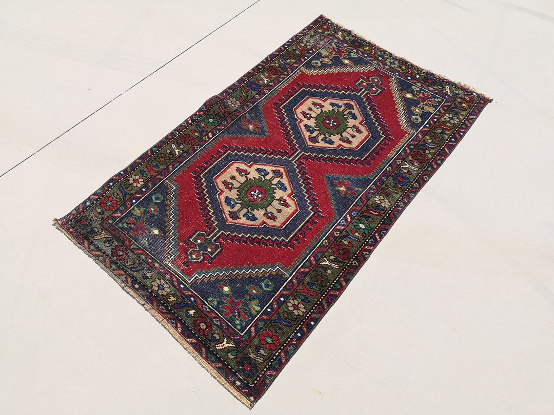 Red and Blue Turkish Rug, 2.9 X 4.8 Ft Rug, Vintage Doormat Rug, Rug ...