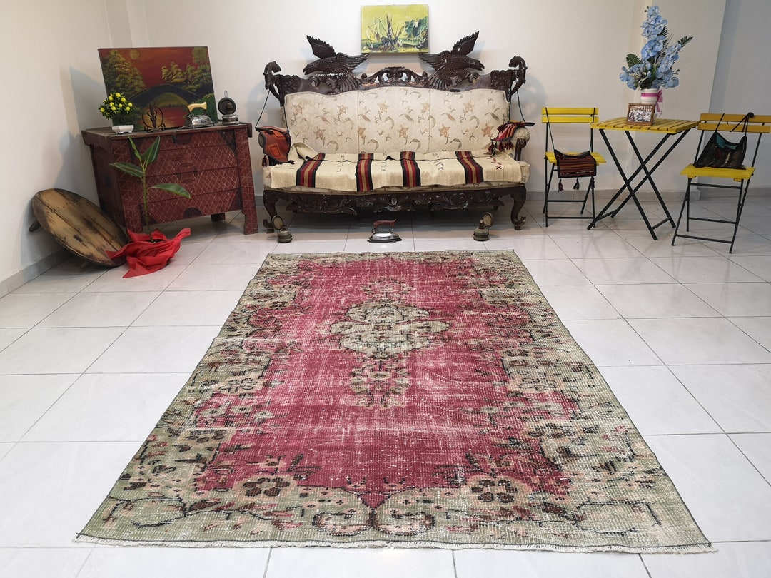 Red and Green Rug 5.1 X 8 Ft Turkish Vintage Rug Rug for Living Room ...