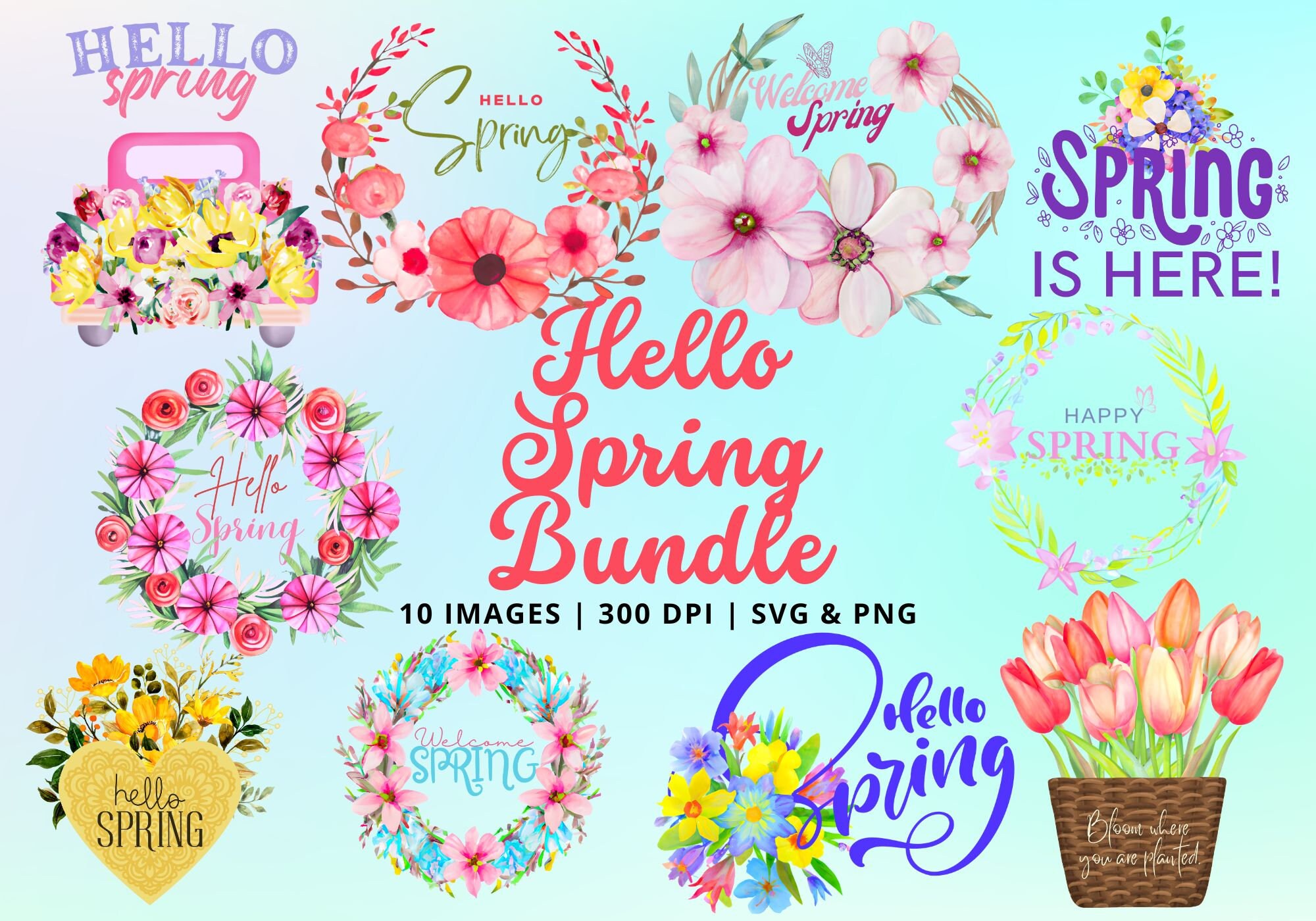 Hello Spring Clipart Bundle, Welcome Spring PNG, Hello Spring PNG ...