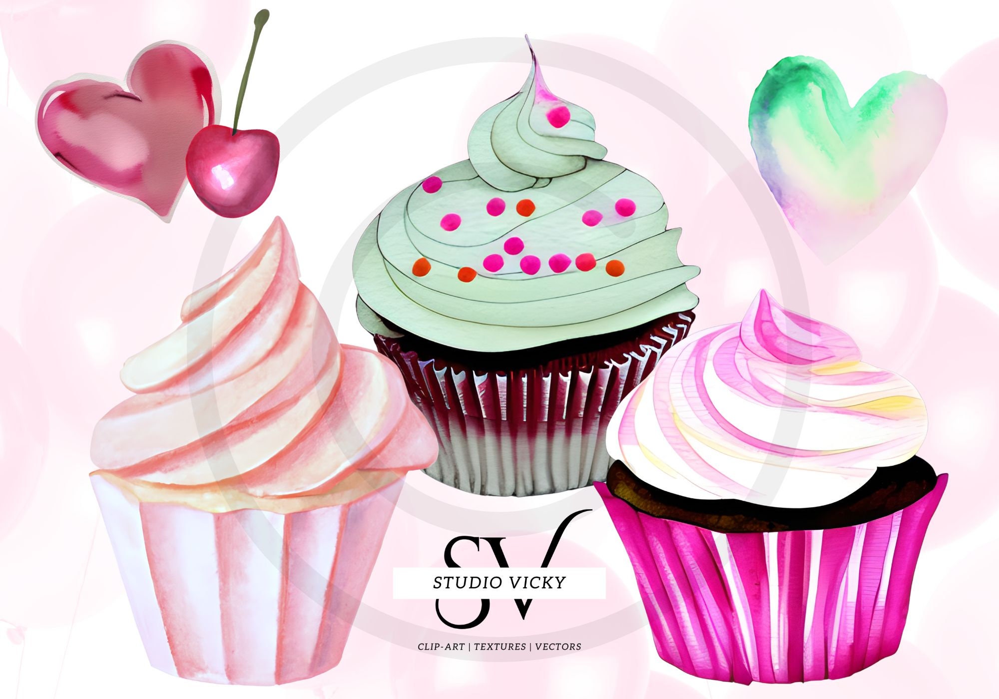 Pink and Mint Cupcake Watercolor Cupcake — Studio Vicky