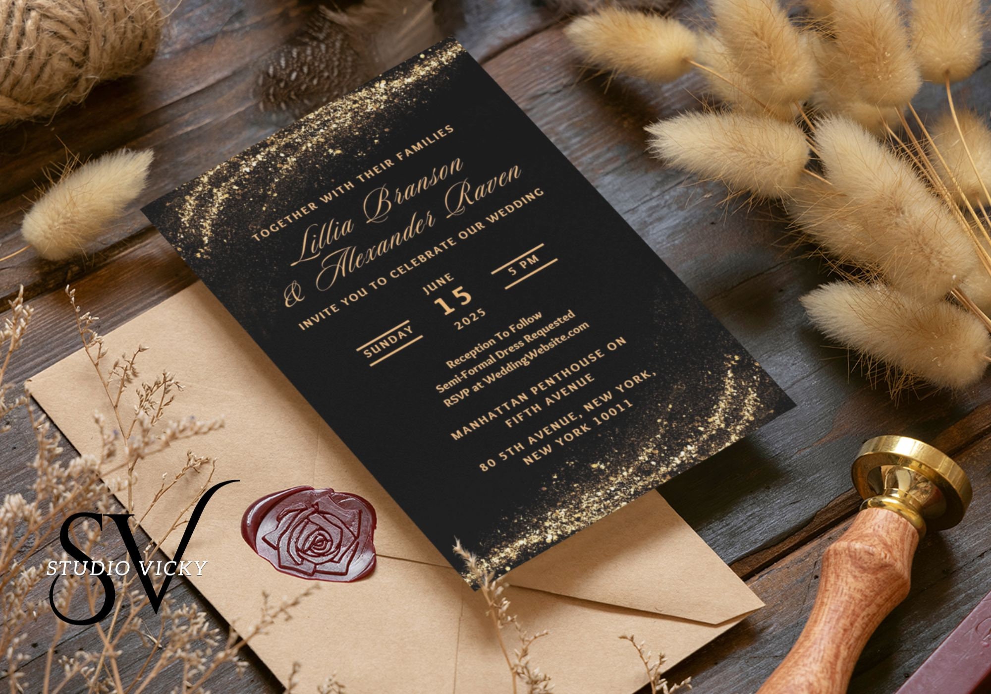 Black and Gold Glitter Wedding Program Template — Studio Vicky