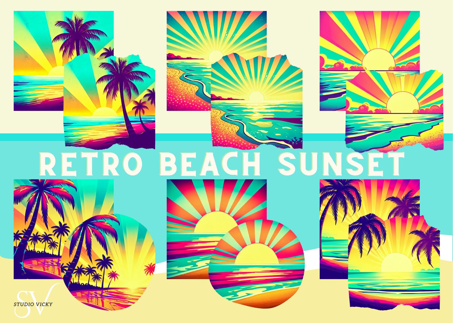 Retro Beach Sunset Clipart Bundle, Beach PNG, Beach Clipart, Ocean ...