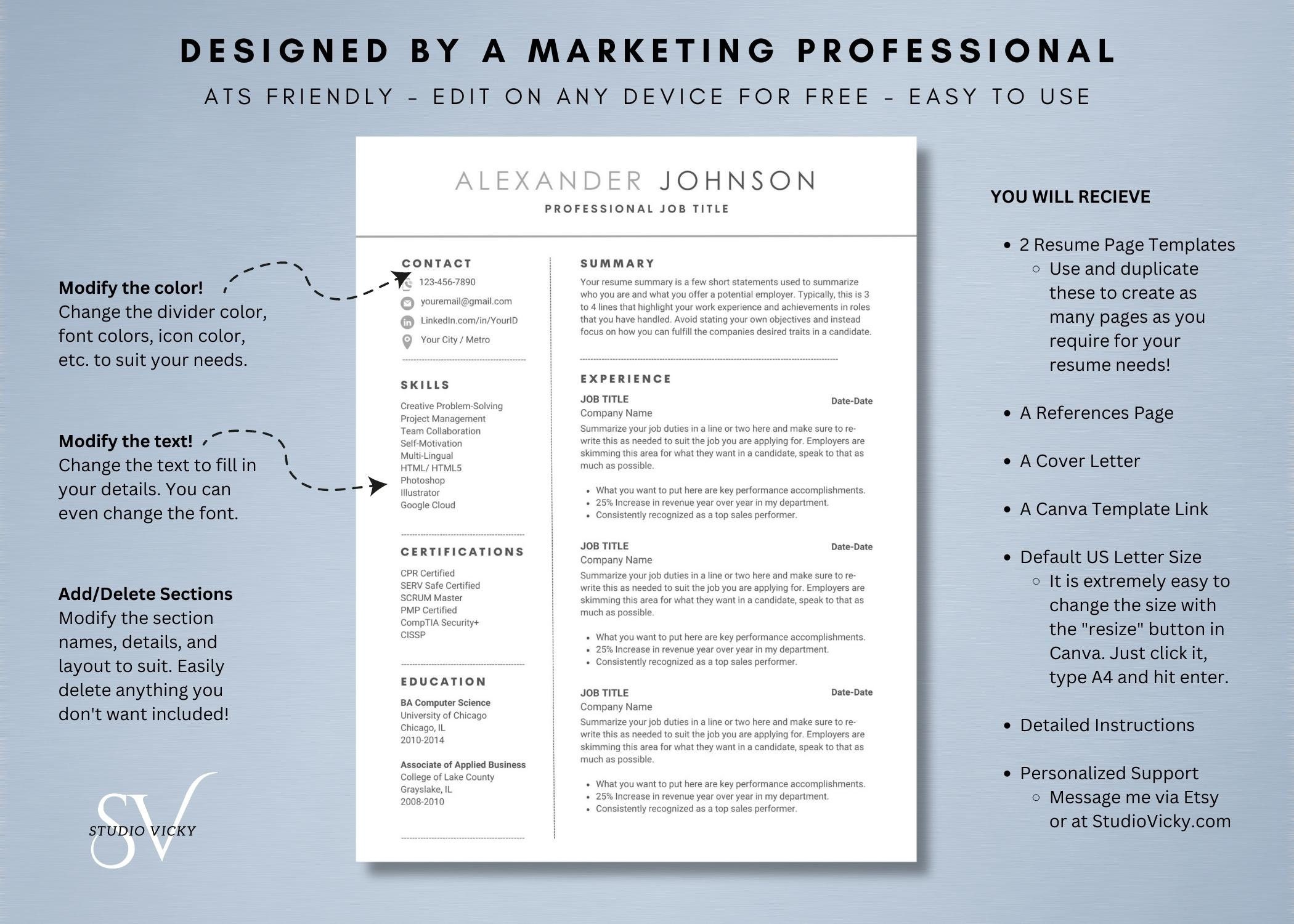 Modern Minimalist Resume Template, Resumes Templates ATS, 1 Page Resume ...