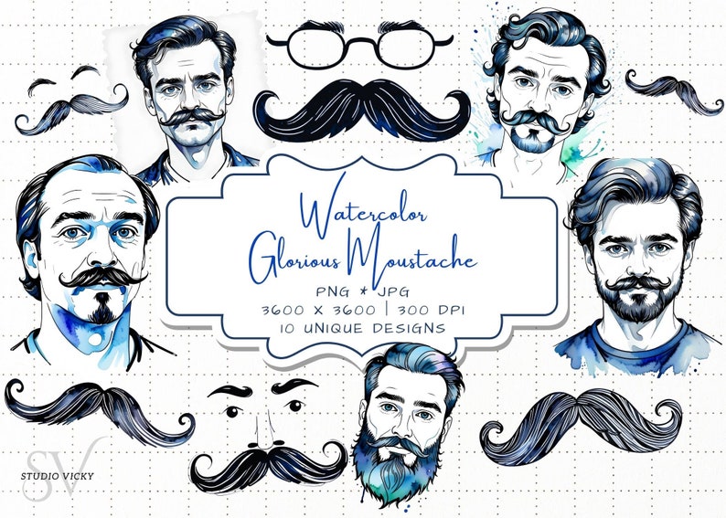 Watercolor Glorious Moustache Clipart, Watercolor Mustache Clipart ...