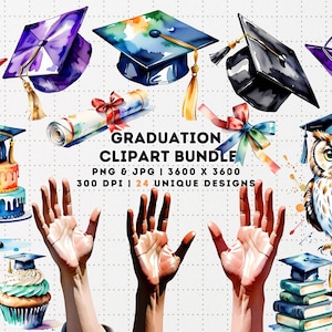 Graduation Clipart, Watercolor Graduation Clip Art, Grad Cap, Diploma ...