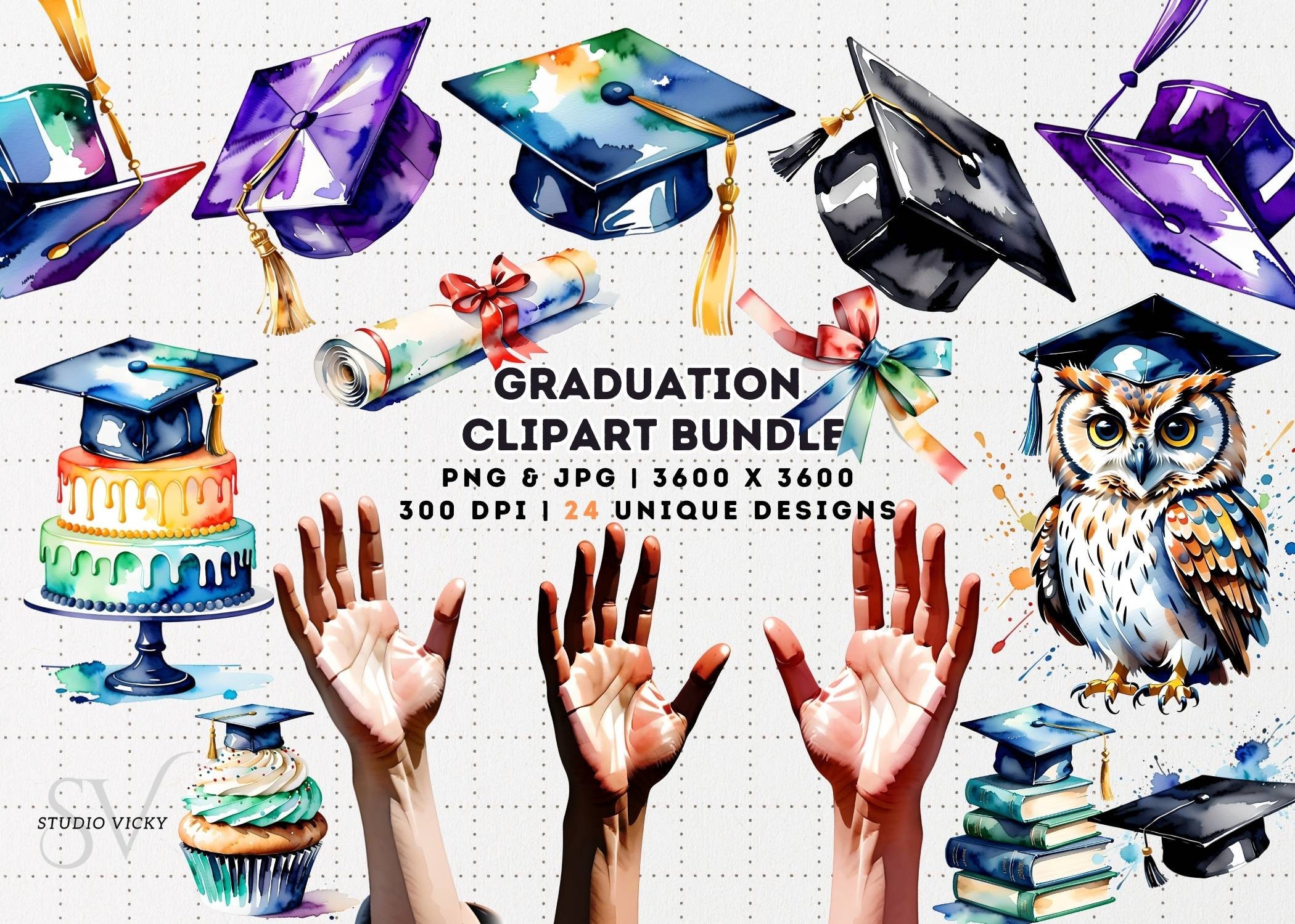 Graduation Clipart, Watercolor Graduation Clip Art, Grad Cap, Diploma ...