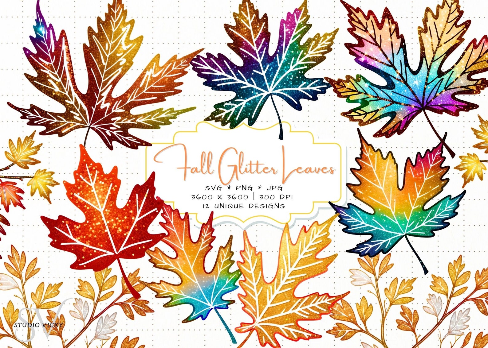 Fall Leaves SVG Glitter Leaf PNG Clipart Bundle Fall Craft Project for ...
