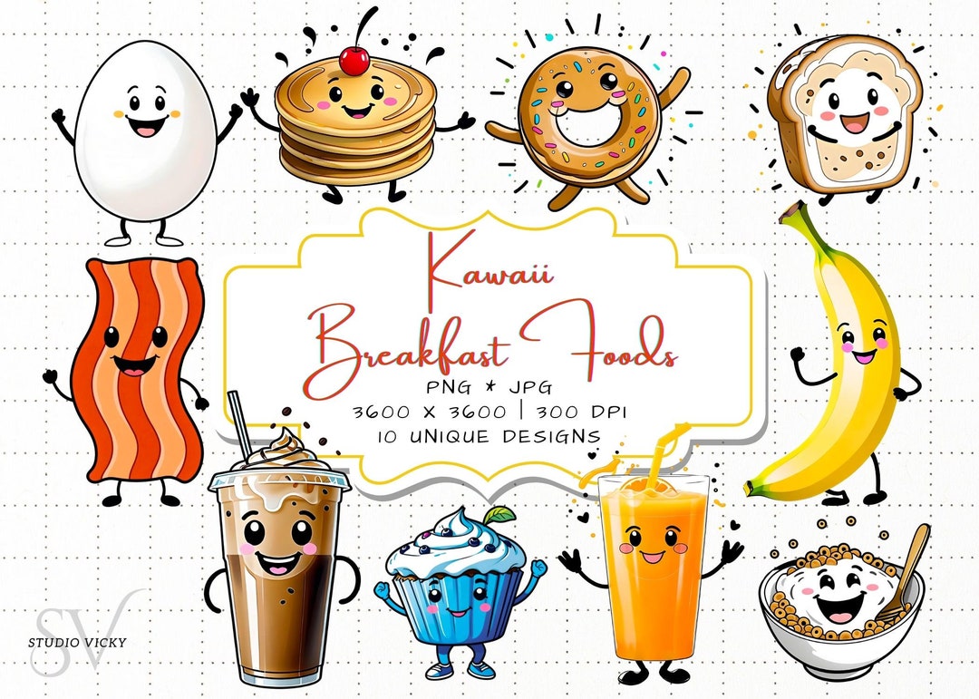 Kawaii Breakfast Clipart, Breakfast Foods Clipart, Instant Download PNG ...