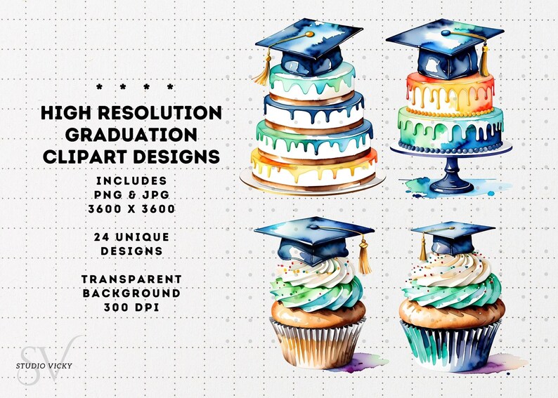Graduation Clipart, Watercolor Graduation Clip Art, Grad Cap, Diploma ...