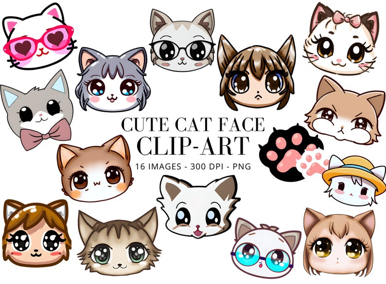 Cute Cat Face Clipart Bundle, Cat PNG Designs for Crafting, Cat Clipart ...