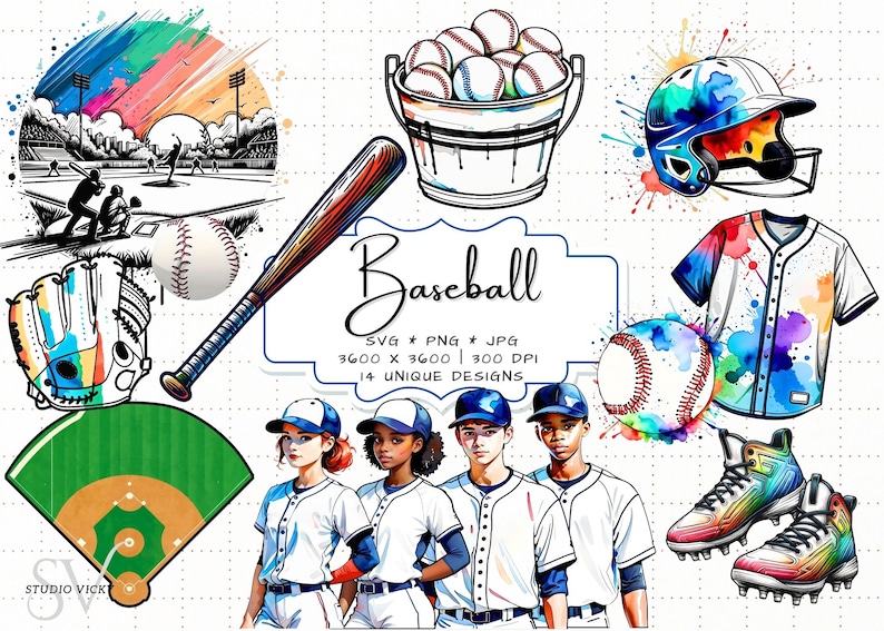 Watercolor Baseball Clipart: PNG, SVG, JPG Files - Etsy