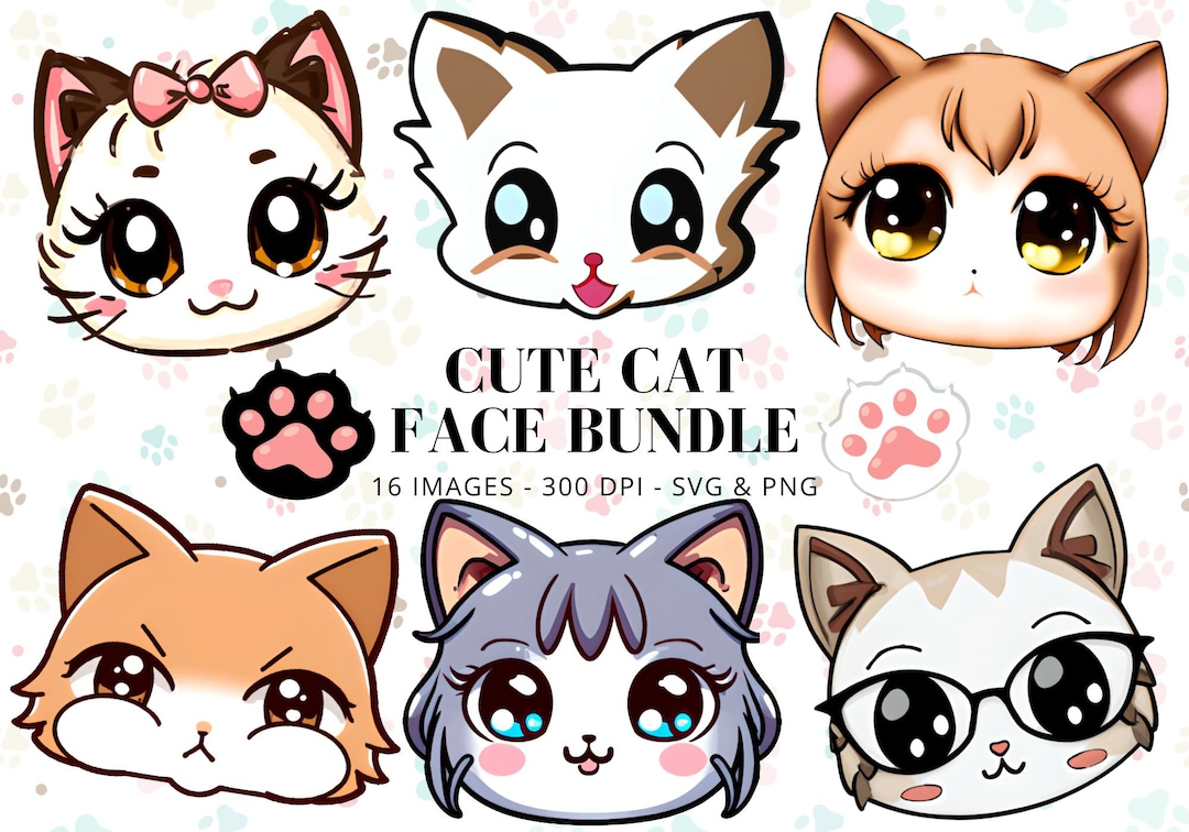 Cute Cat Face Clipart Bundle, Cat PNG Designs for Crafting, Cat Clipart ...