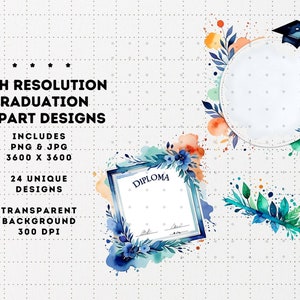 Graduation Clipart, Watercolor Graduation Clip Art, Grad Cap, Diploma ...