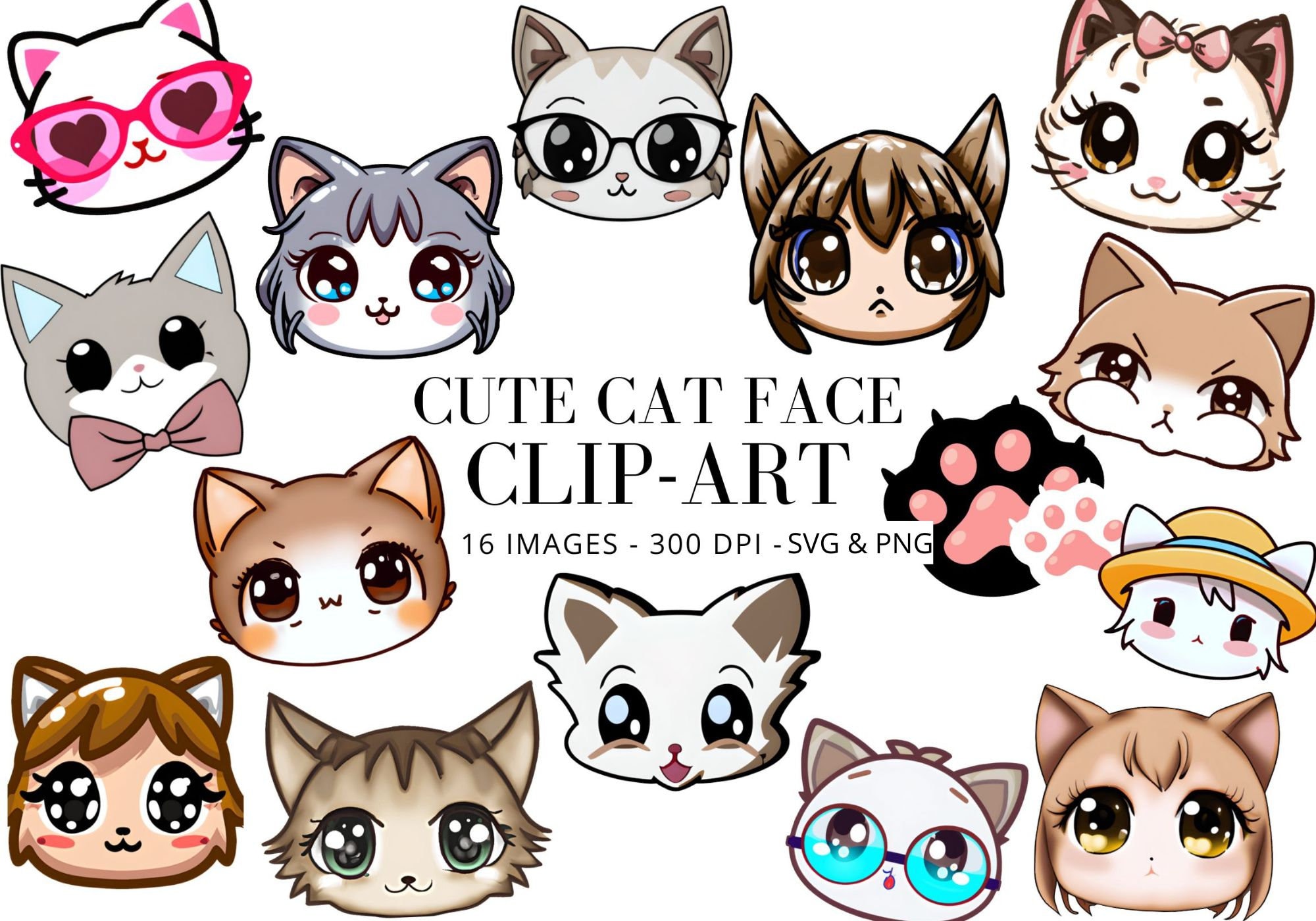 Cute Cat Face Clipart Bundle, Cat PNG Designs for Crafting, Cat Clipart ...