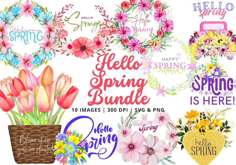 Hello Spring Clipart Bundle: Watercolor Floral PNG Designs (SVG & PNG ...