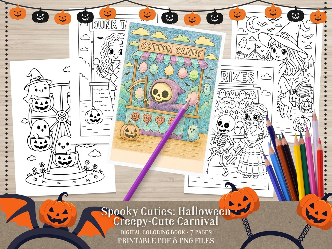 Spooky Cuties Halloween Coloring Pages: Creepy-cute Carnival (PDF & PNG ...