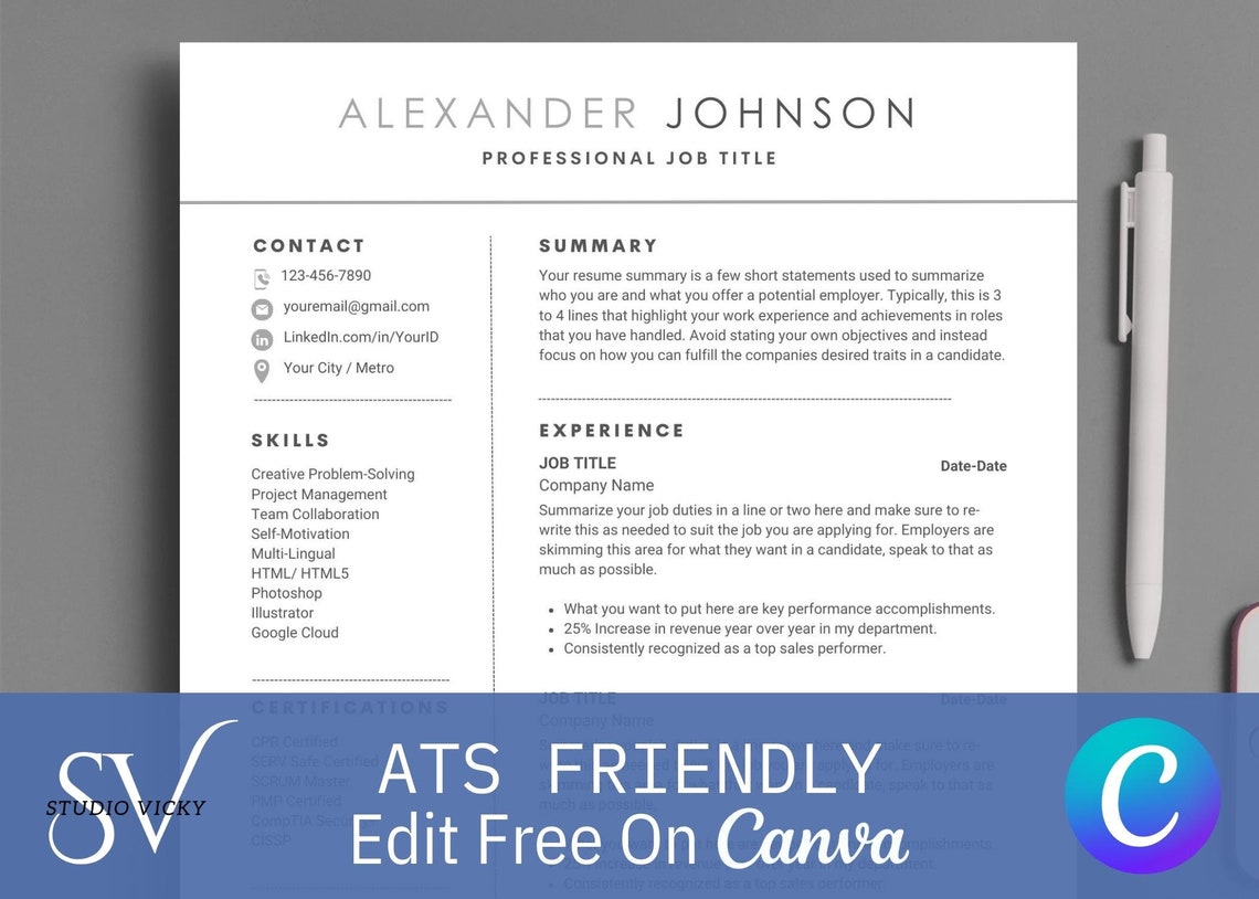Modern Minimalist Resume Template, Resumes Templates ATS, 1 Page Resume ...