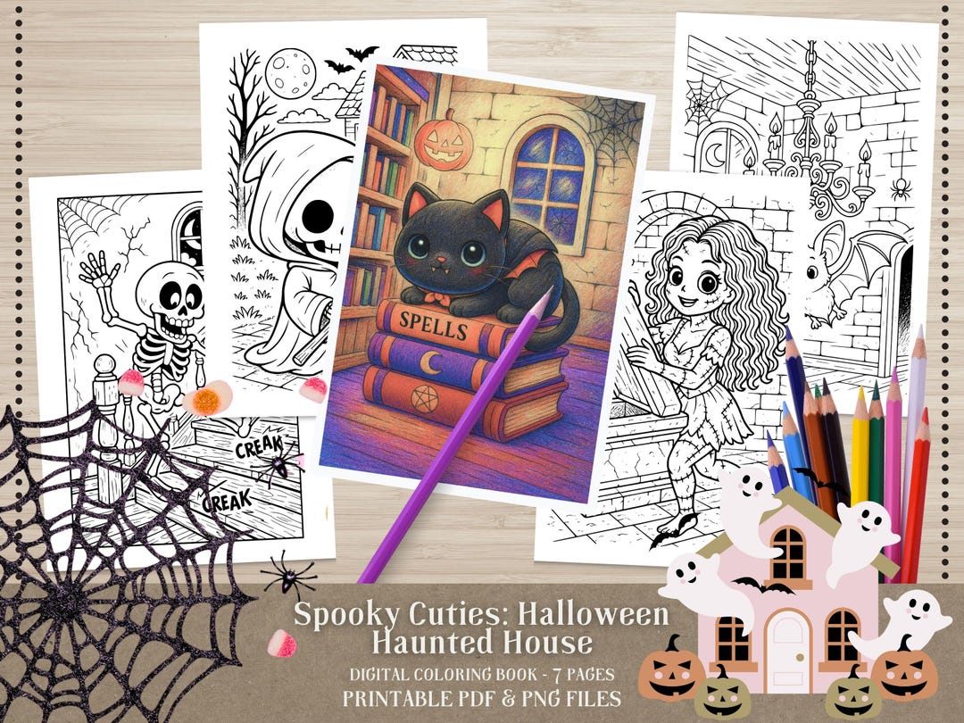 Spooky Cuties Halloween Coloring Pages: Kawaii Haunted House Coloring ...