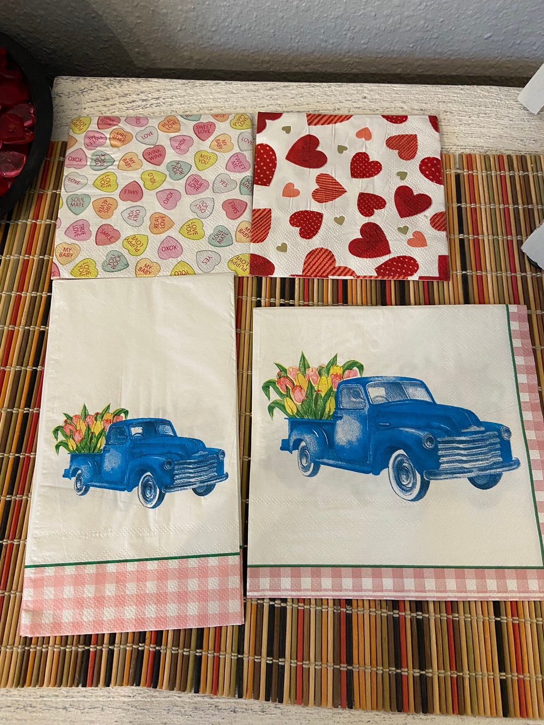 Spring Truck Napkins, Heart Napkins, Decoupage Napkins, Pastel Candy ...