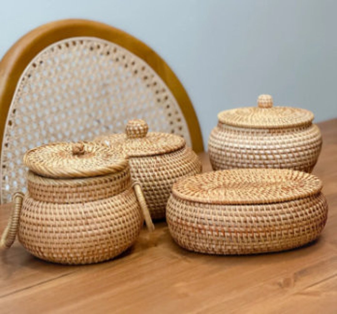 Handwoven, Round Rattan Box, With Lid, Hand-woven, Multi-purpose Wicker ...
