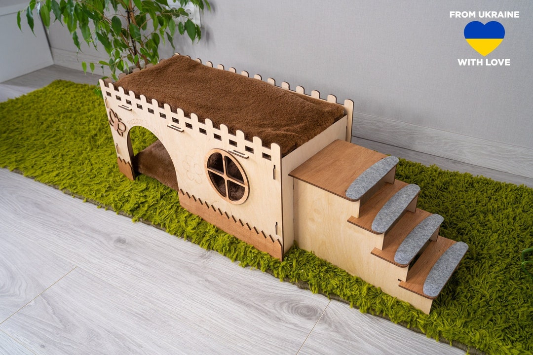 Wooden Rabbit House, Bunny сastle With Pillow, Add Your Pet's Name for ...