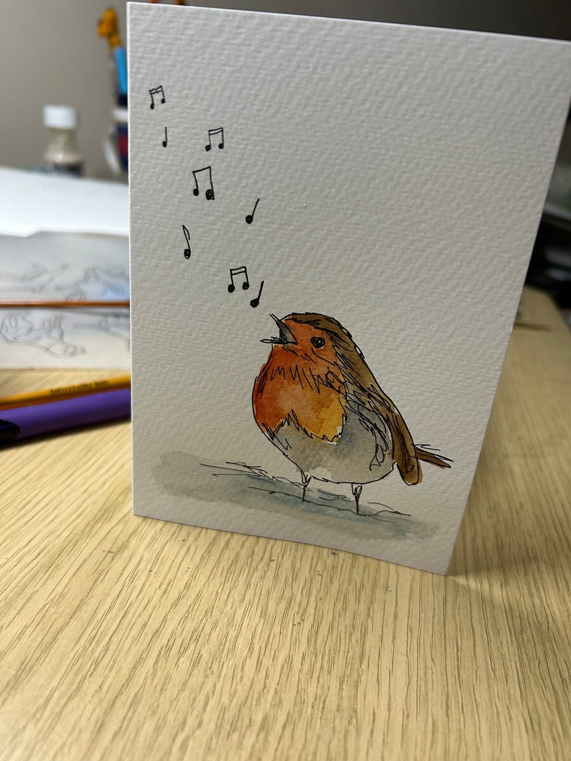 Robin Singing Card Hand Painted Watercolour (NOT PRINT), Birthday Card ...