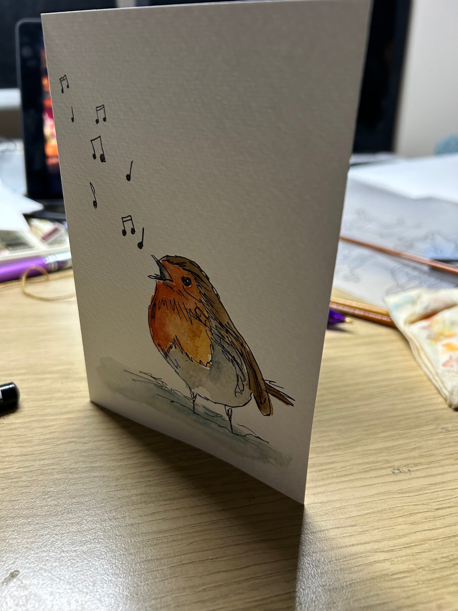 Robin Singing Card Hand Painted Watercolour (NOT PRINT), Birthday Card ...