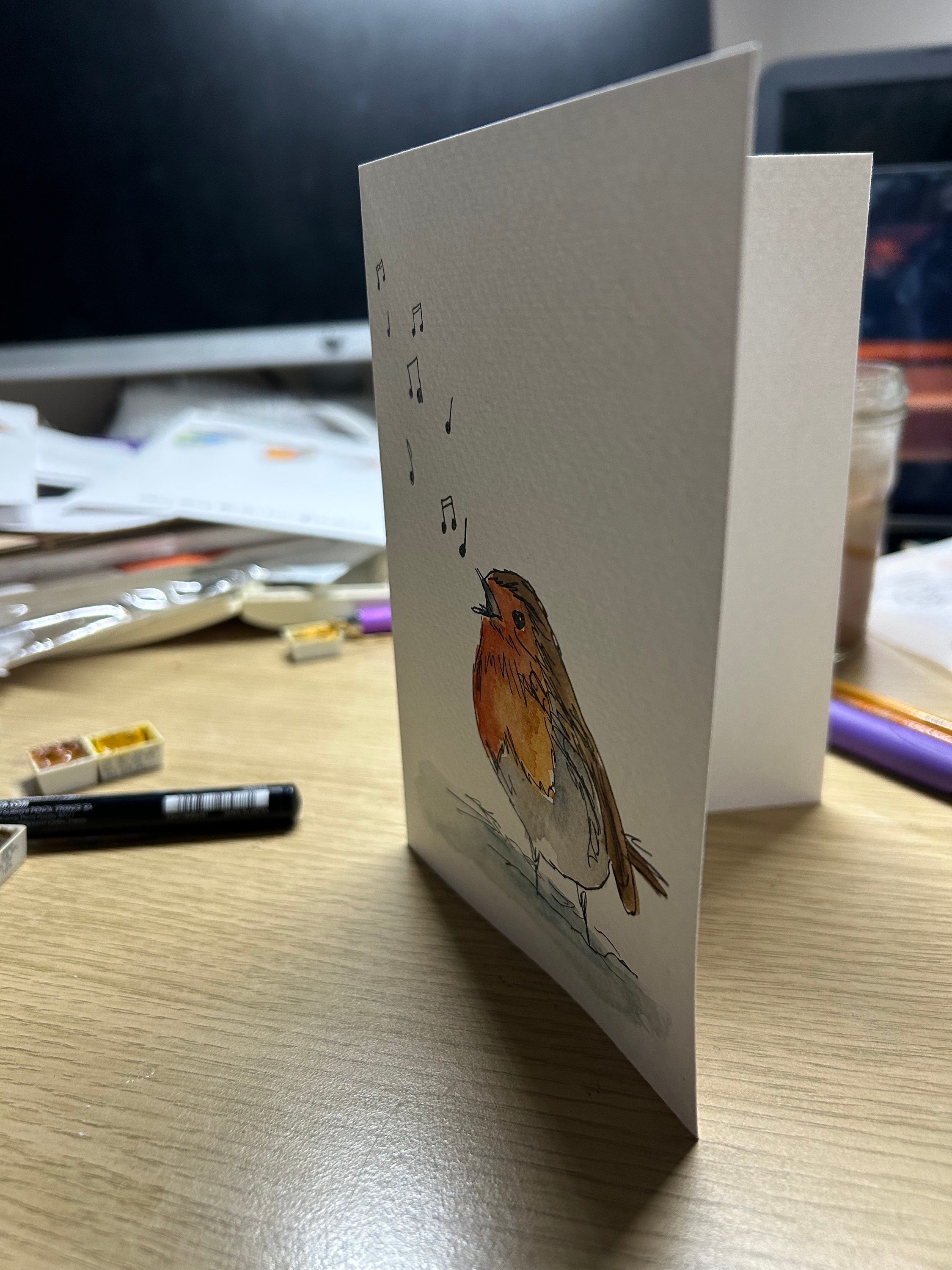 Robin Singing Card Hand Painted Watercolour (NOT PRINT), Birthday Card ...