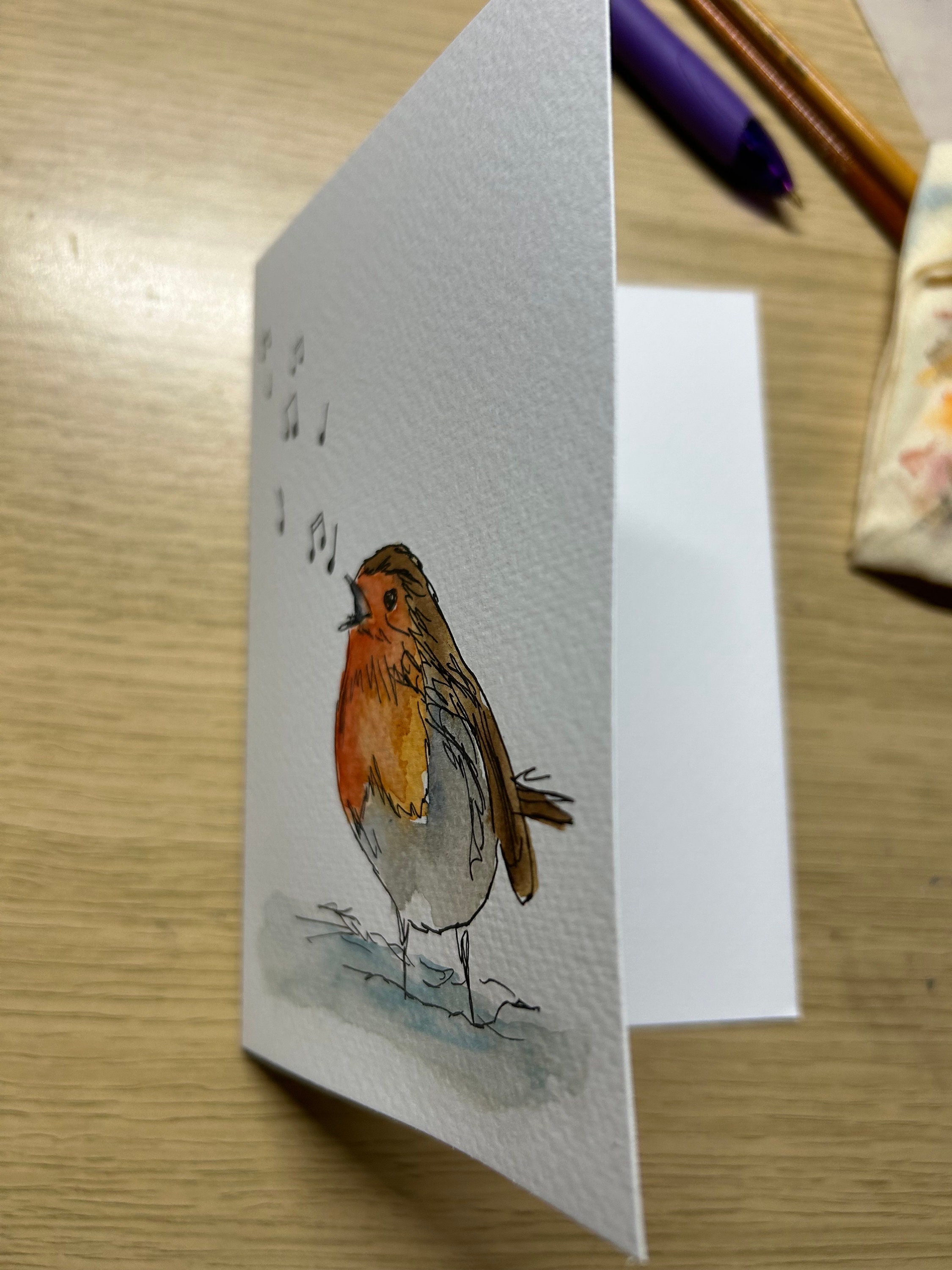 Robin Singing Card Hand Painted Watercolour (NOT PRINT), Birthday Card ...