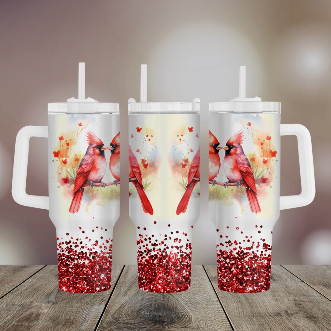 40oz Tumbler Png Wrap Watercolor Red Cardinals Red Glitter Border ...