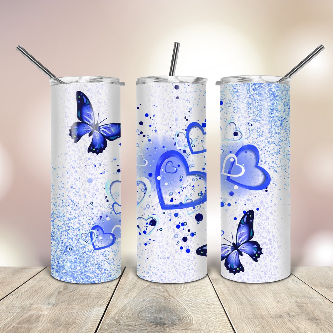 Diseño de brillo de mariposas azules 20 Oz flaco Tumbler envoltura ...