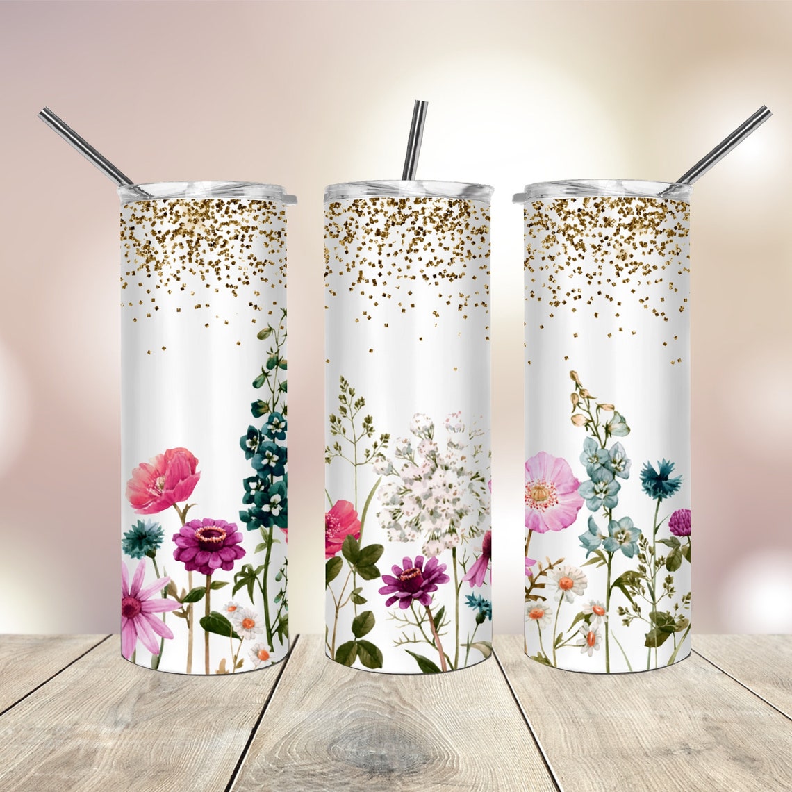 20 Oz Tumbler Png Glitter Flower Border Wrap Tapered Straight - Etsy