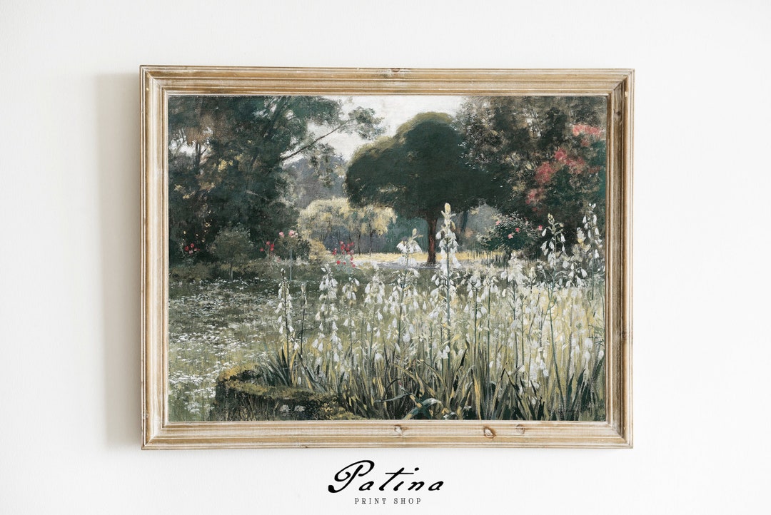 Vintage Landscape Print | Spring Flower Field Painting | Spring Garden ...