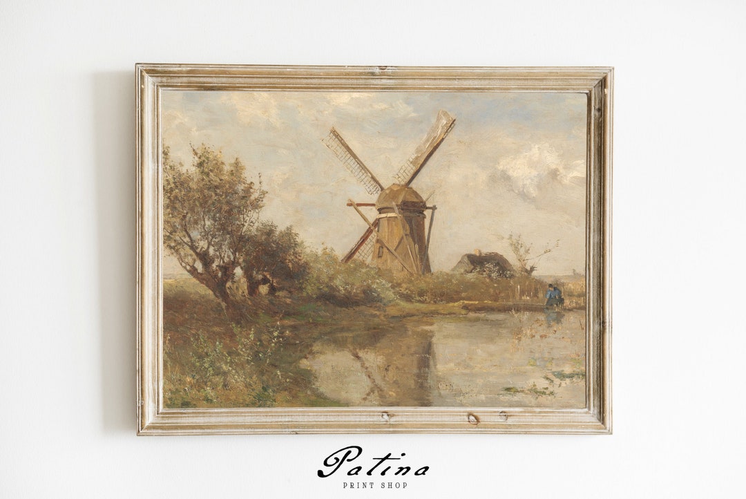 Windmill Print | Vintage Country Landscape Painting | Antique Farmhouse ...