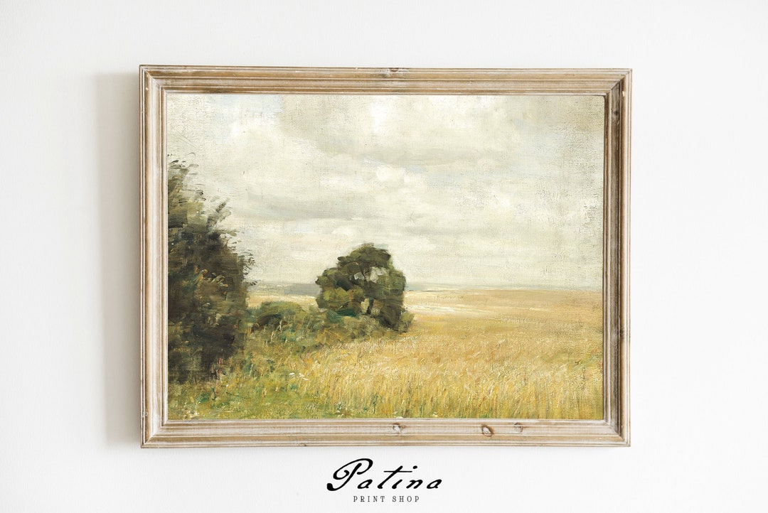 Vintage Field Painting | Antique Landscape Print | Farmhouse Country ...