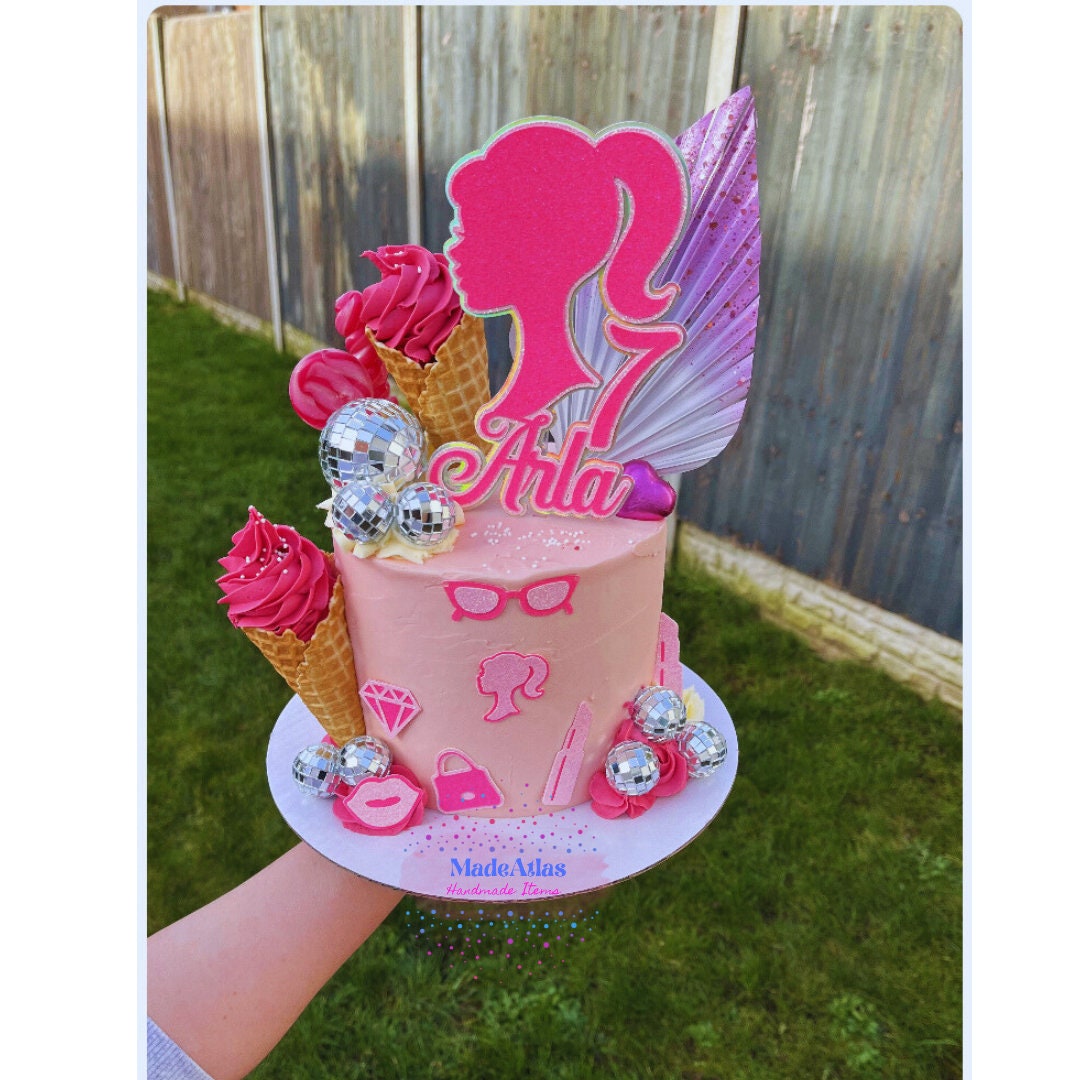 Barbie Cake Topper Set Personalised Glitter Neon Baby Pink Layered ...