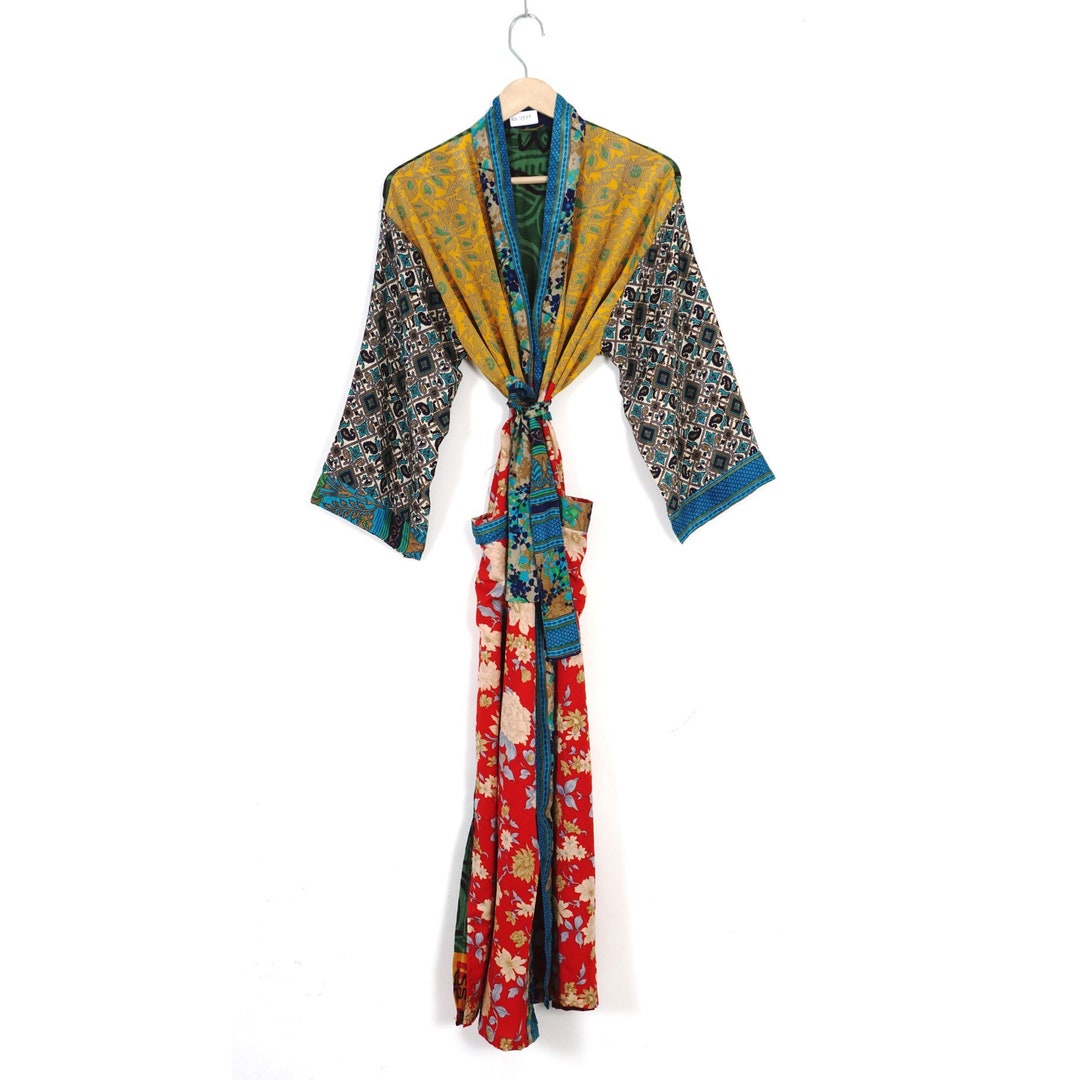 Vintage Silk Saree Kimono Summer Wear Robe Floral Bathing Gown Women ...