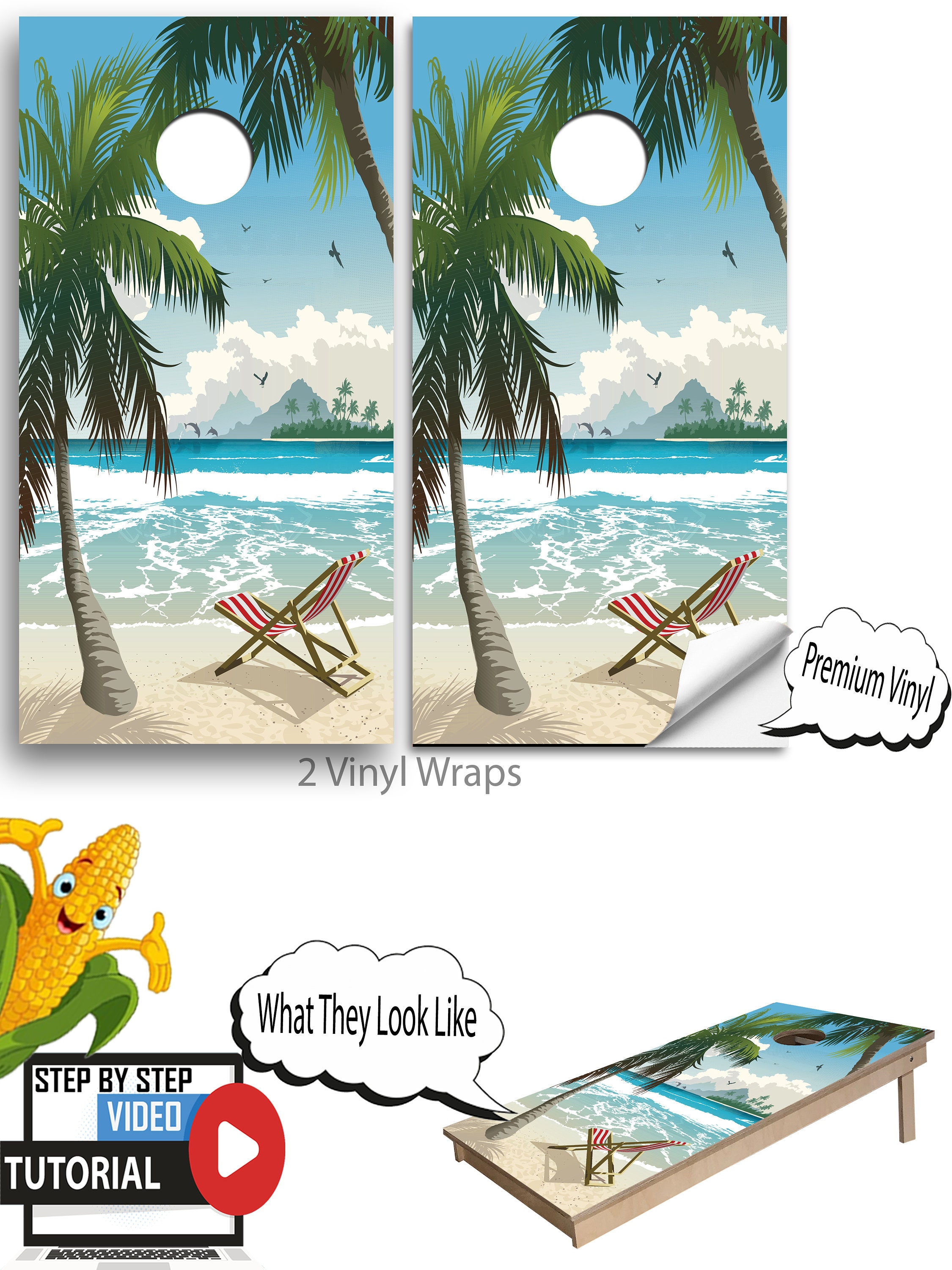 Cornhole Vinyl Wraps With VIDEO INSTRUCTIONS Beach Paradise Cornhole ...