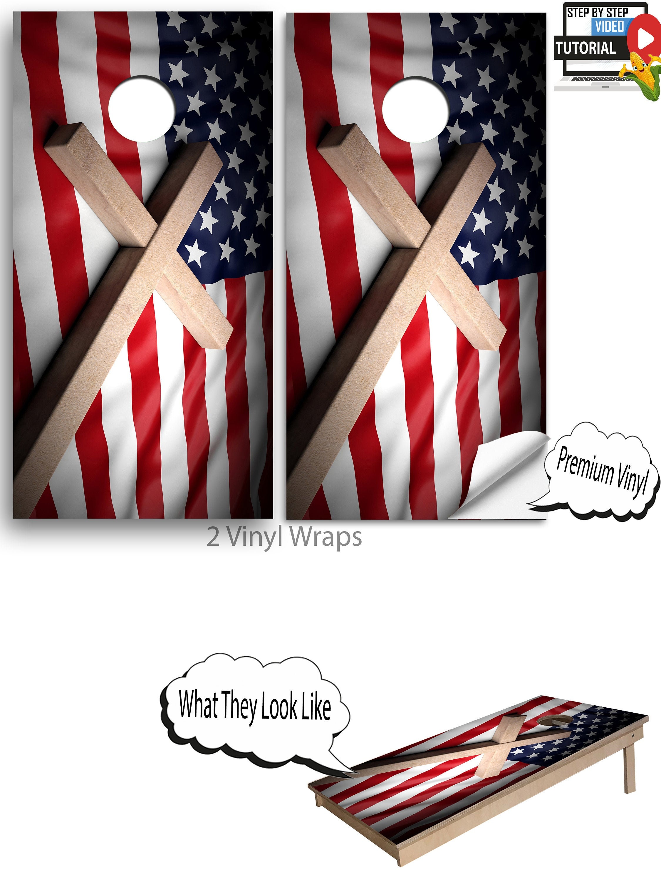 Cornhole Vinyl Wraps With VIDEO INSTRUCTIONS - American Flag With Cross ...
