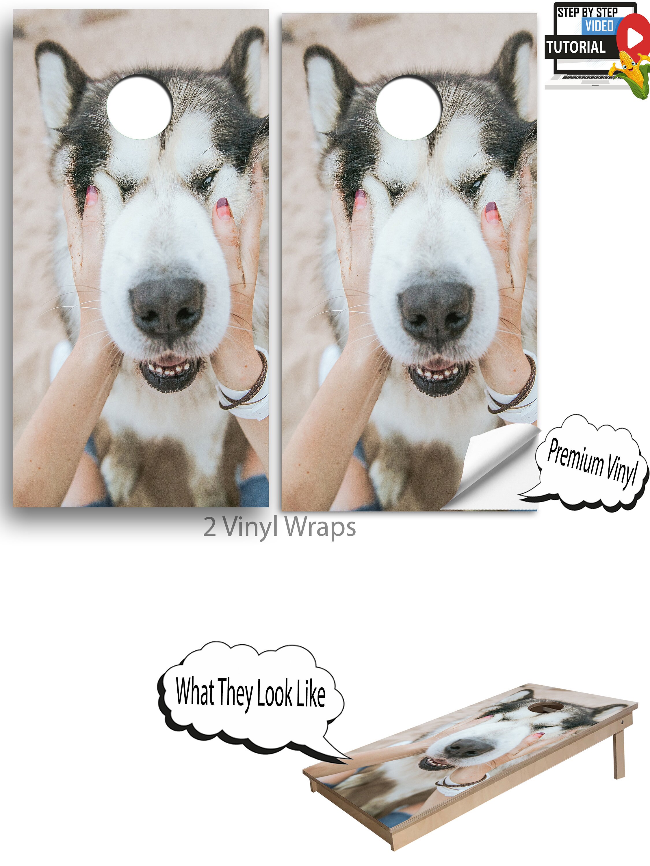 Cornhole Vinyl Wraps With VIDEO INSTRUCTIONS - Cute Dog Huskie ...