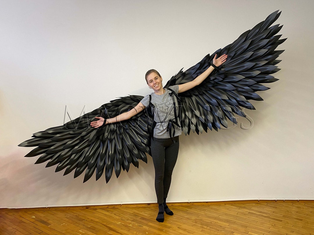 Glossy Black Movable Wings Fallen Angel Costume Flexibles Cosplay Adult ...