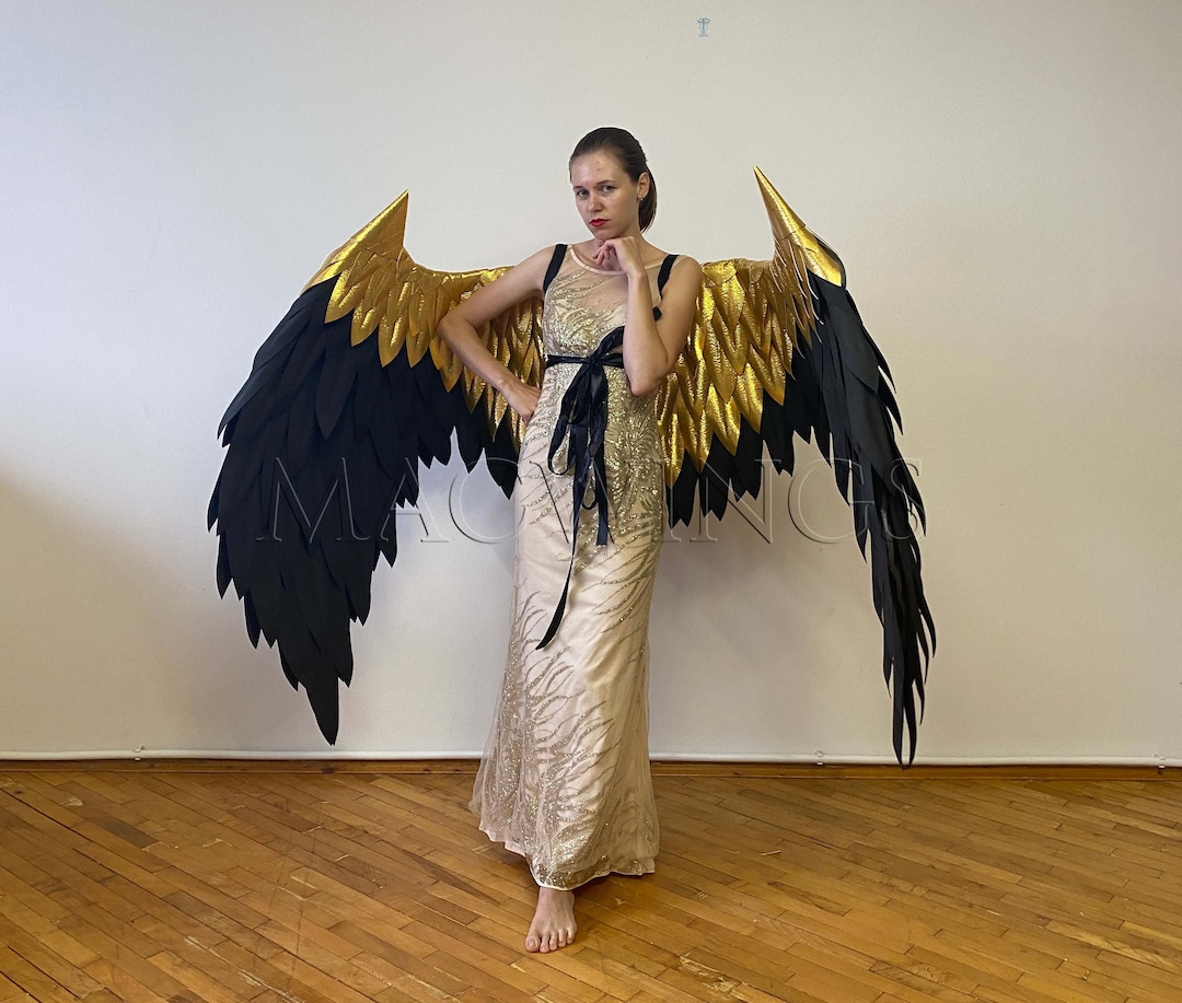 Movable Black and Gold Wings, Demon Wings, Fallen Angel, Lucifer Wings, Dark Angel Wings, Gold ...